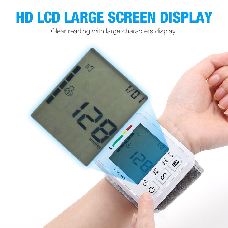 Wrist High Blood Pressure Monitor BP Cuff Machine Heart Rate Gauge Kit ...