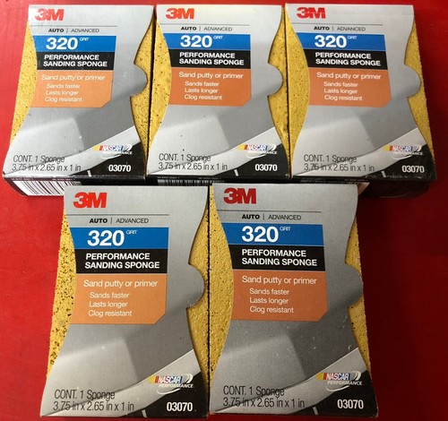 (5) 3M 03070 320 GRIT STAGE 3/4 SANDING SPONGES SAND PUTTY OR PRIMER ...