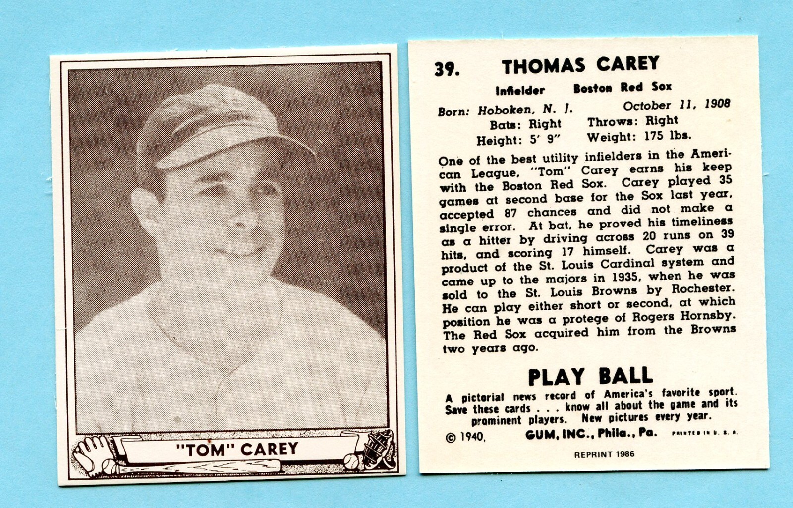 1940 Playball Reprint # 39 Tom Carey -- Boston Red Sox Box 129 | eBay