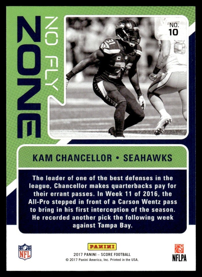 2017 Score No Fly Zone Kam Chancellor Seattle Seahawks #10 | eBay