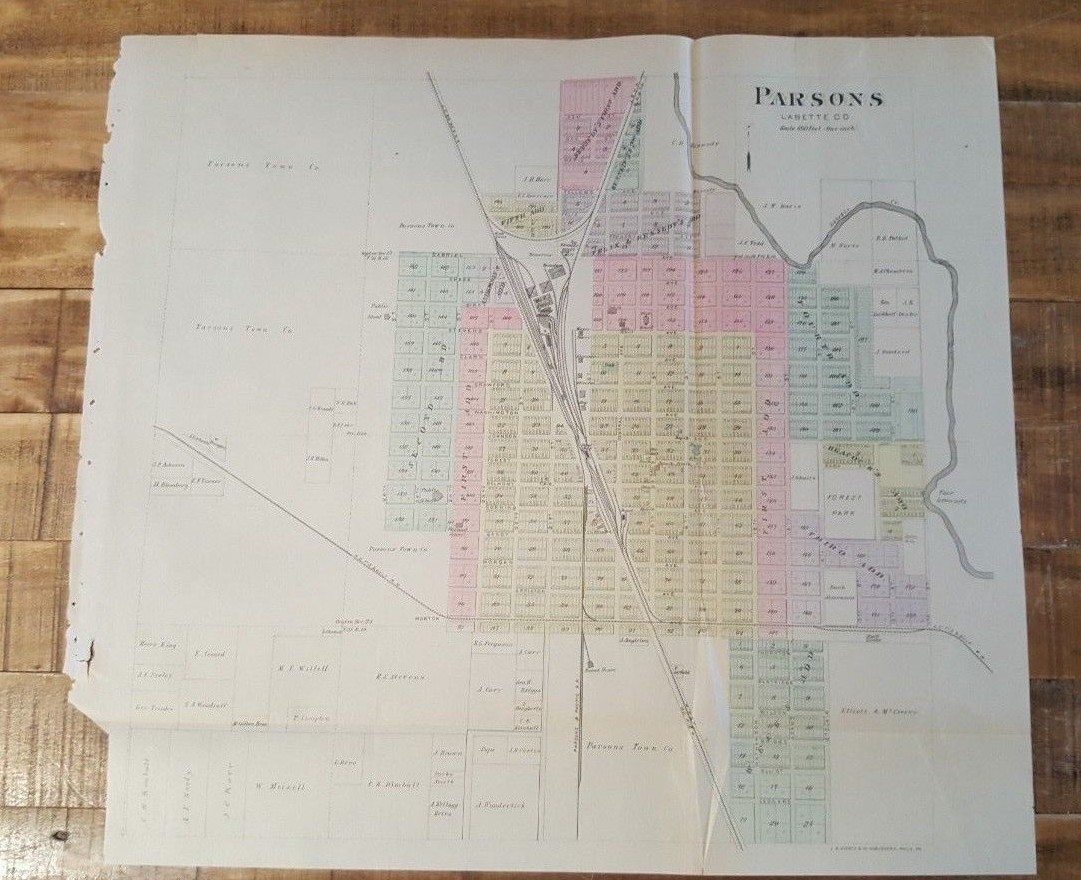 Antique Colored MAP - PARSONS - LABETTE COUNTY, KANSAS - 1887 KANSAS ...