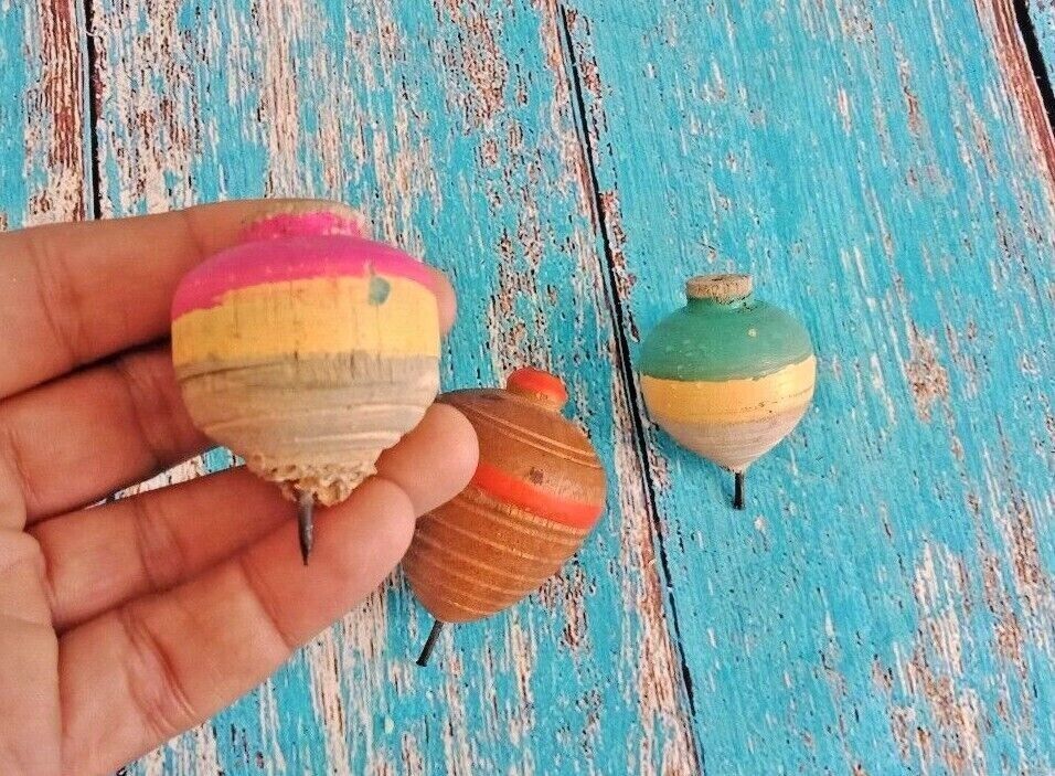 3 Pcs Set Vintage Desi Toy Lattu Game Painted Wooden Round Spinning Top ...