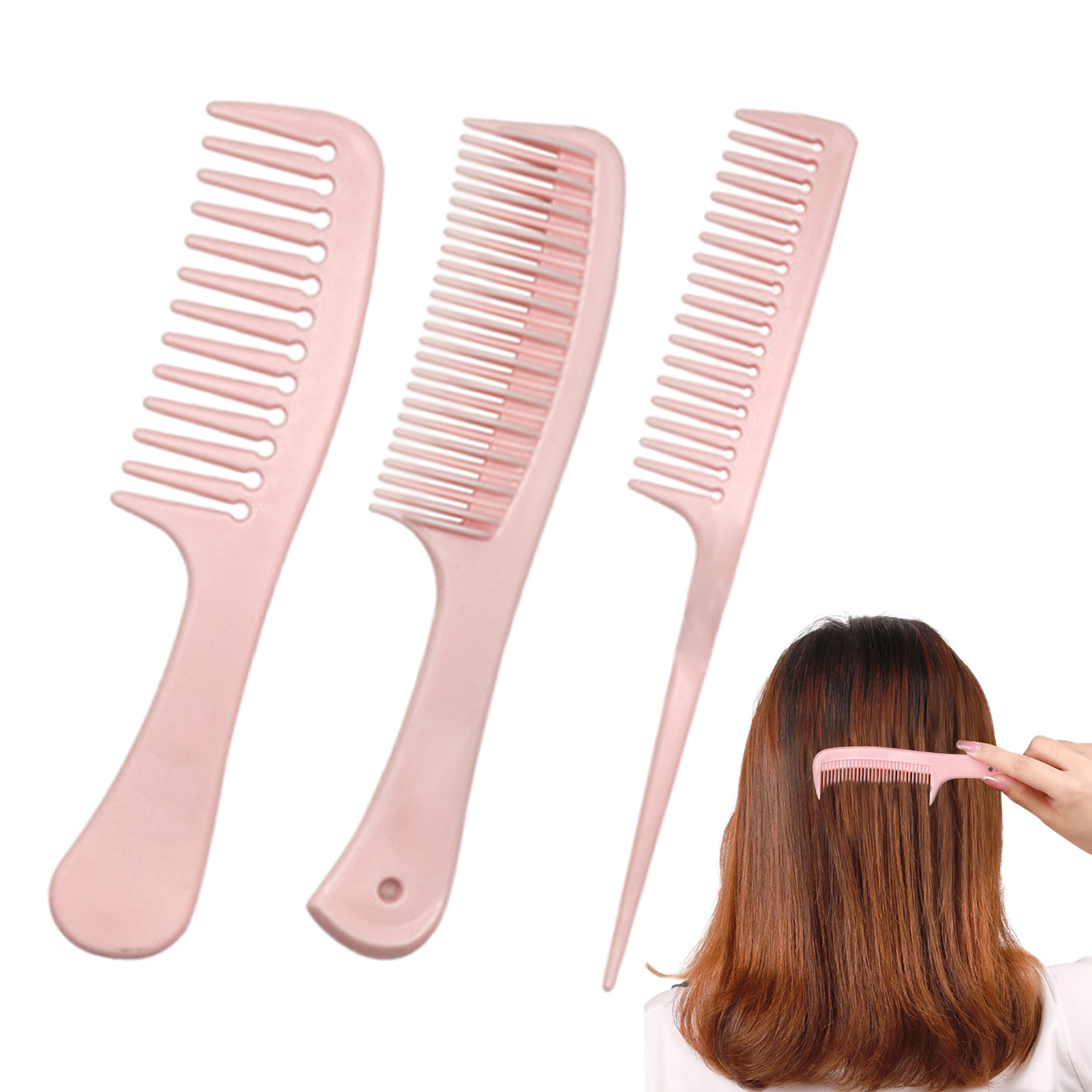 3pcs Hair Comb Curly Straight Double Sided Salon Pink Wide Tooth ...
