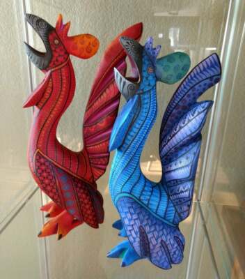 Cluck Norris & Cluck Ken Roosters Genuine Oaxacan Wood Carving Mexican ...