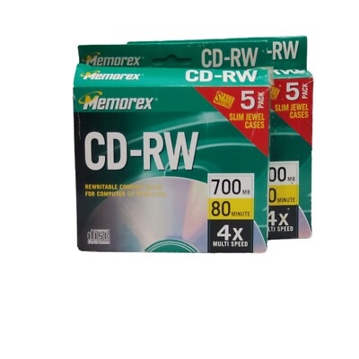 MEMOREX (2) 5-pk rewritable CD-RW w/slim jewel cases 700MB/80min 4x ...