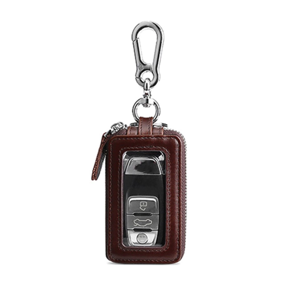 Genuine Leather Car Key Chain Holder Wallet Keychain Bag Double Zipper ...