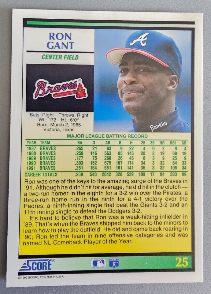 1992 Score #25 Ron Gant Autographed Atlanta Braves Baseball Card ...