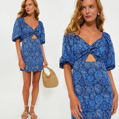 Hyacinth House NEW Blue Mod Paisley Bianca Puff Sleeve Mini Dress Size ...