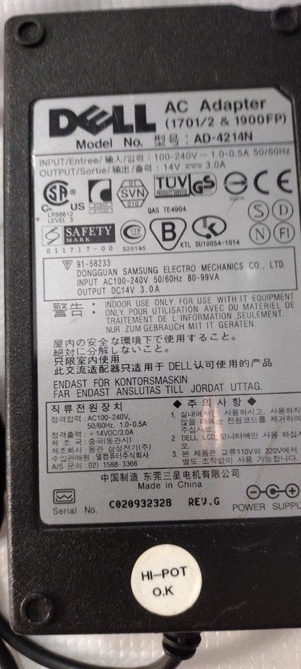 Genuine Dell 1701/1702/1900FP -14V 3.0A AC Power Adapter LCD Monitor ...