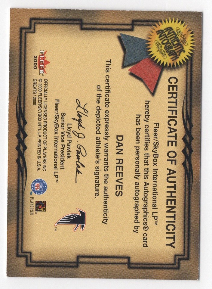 Dan Reeves 2000 Fleer Greats Of The Game Coach's Corner Autograph Card ...