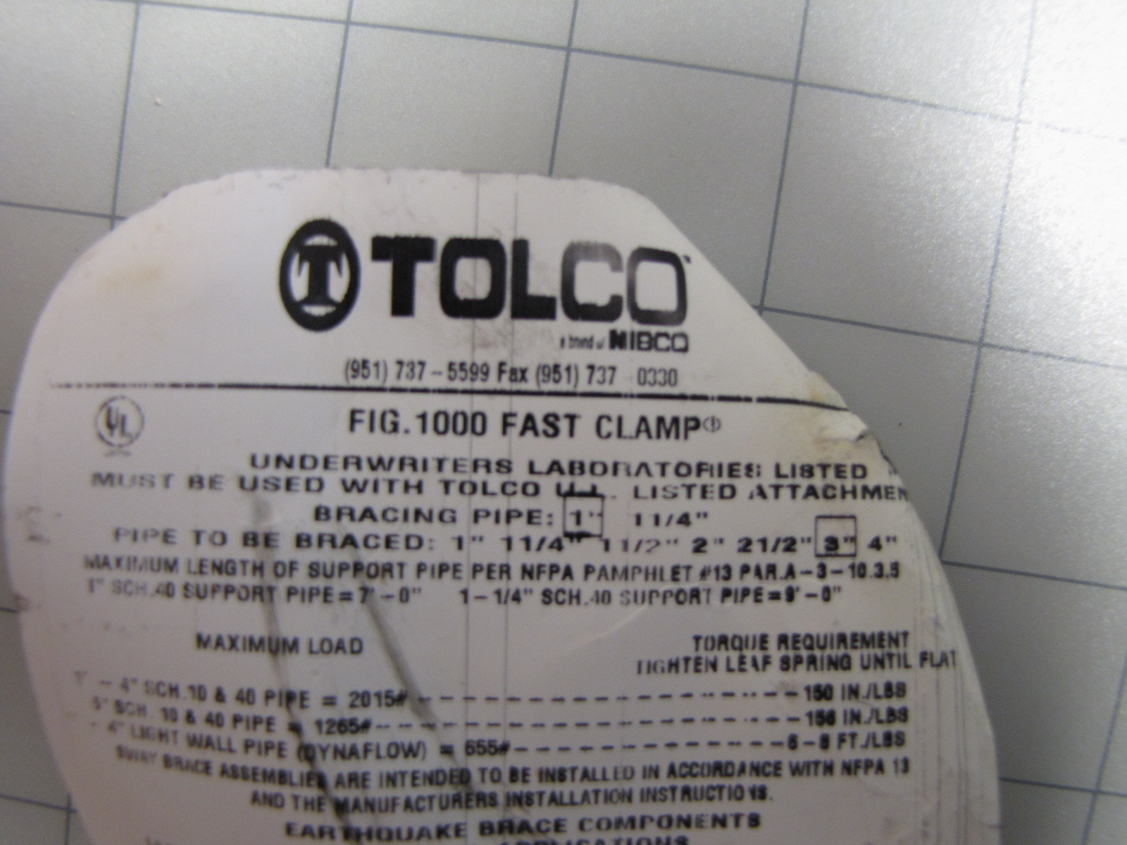 Tolco Nibco 3"x1" Fast Clamp Sway Brace 1" Bracing for 3" Pipe # 1000 ...