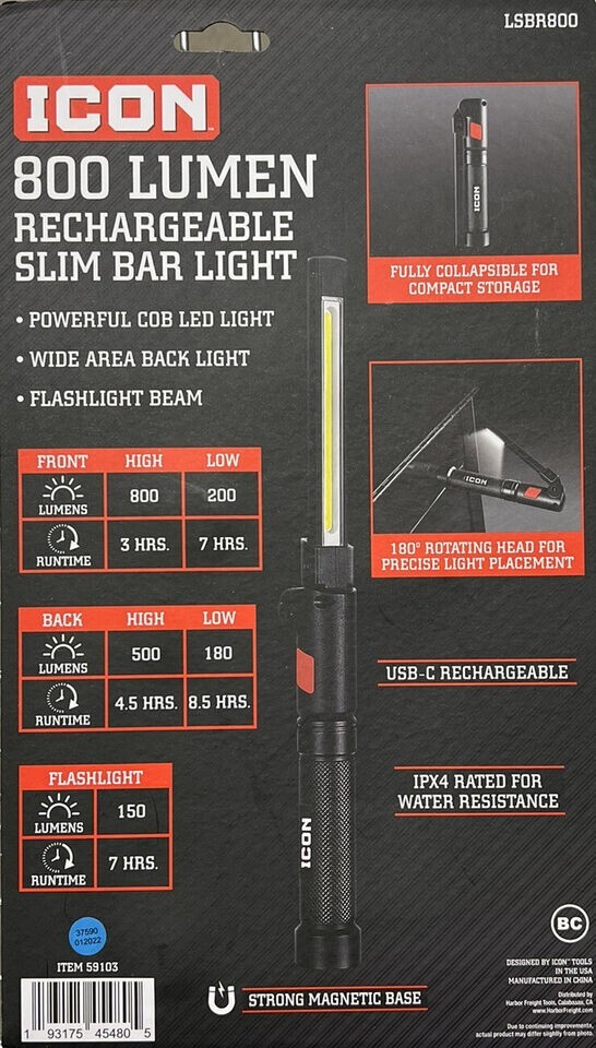 ICON 800 Lumen Rechargeable Foldable Slim Bar Light 180 Deg Rotating ...