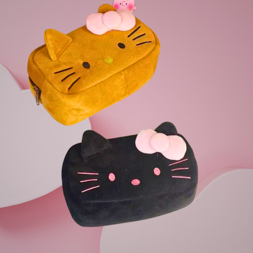 Hello Kitty Face Black & Pink Plush Vanity Case Pencil Cosmetic Pouch ...