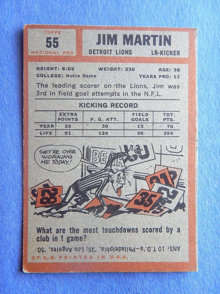 Jim Martin #55 Topps 1962 Football Card (Detroit Lions) *VG | eBay