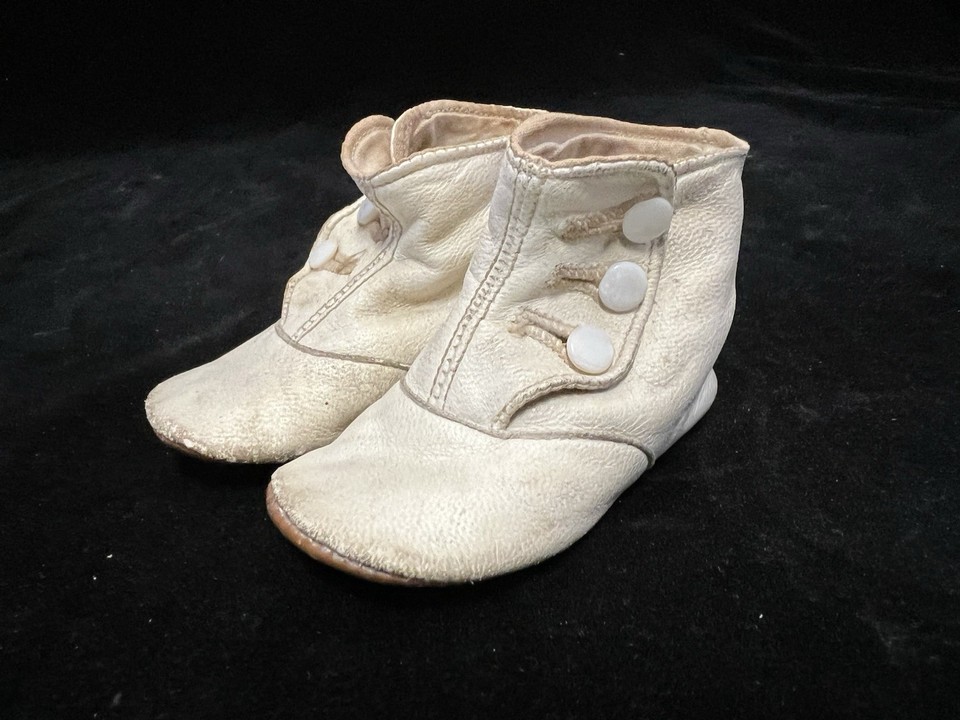 Antique Boots Shoes Baby Child Doll Leather White Leather 4” Long Side ...