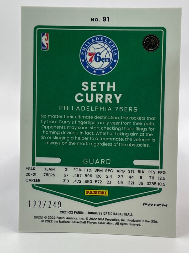 2021-22 Optic Premium SETH CURRY 76ers #91 SCOPE PRIZM 122/249 | eBay