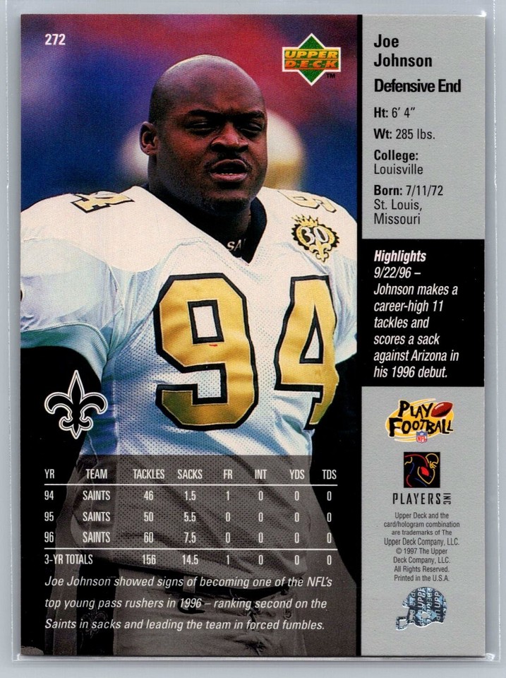 1997 UPPER DECK CARD # 272 Joe Johnson - New Orleans Saints | eBay