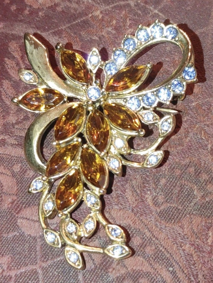 Vintage Kenneth Cole KC Floral Gold Tone Amber & Blue Topaz Rhinestone ...
