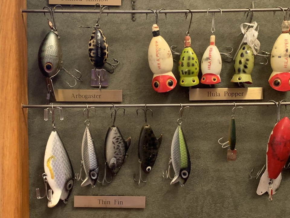 Vintage Fishing Lures, boxes, paper inserts. Framed and adjustable ...