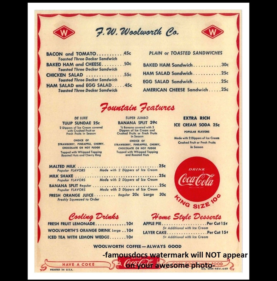 Woolworth Diner Menu PHOTO Lunch Counter Restaurant Vintage Prices 8x10 ...
