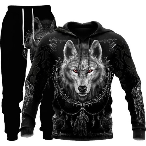 Men Autumn Tracksuit Wolf 3D Printed Hoodie Pants Suit Casual Pullover ...