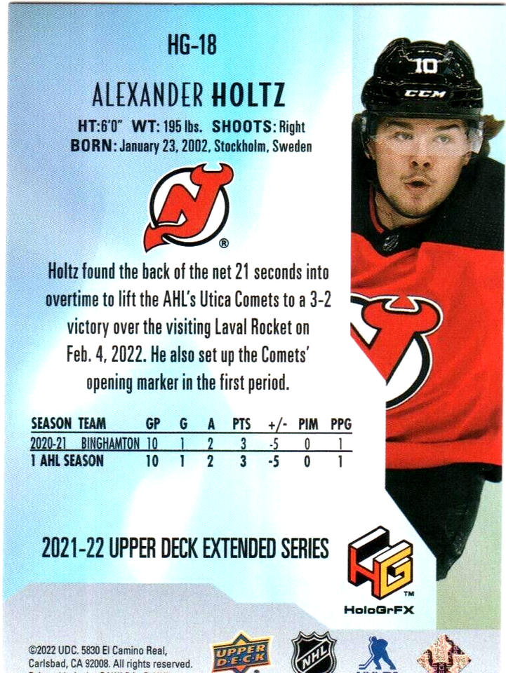 ALEXANDER HOLTZ RC 21-22 HOLOGRFX GOLD ROOKIE # HG-10 UD EXTENDED ...