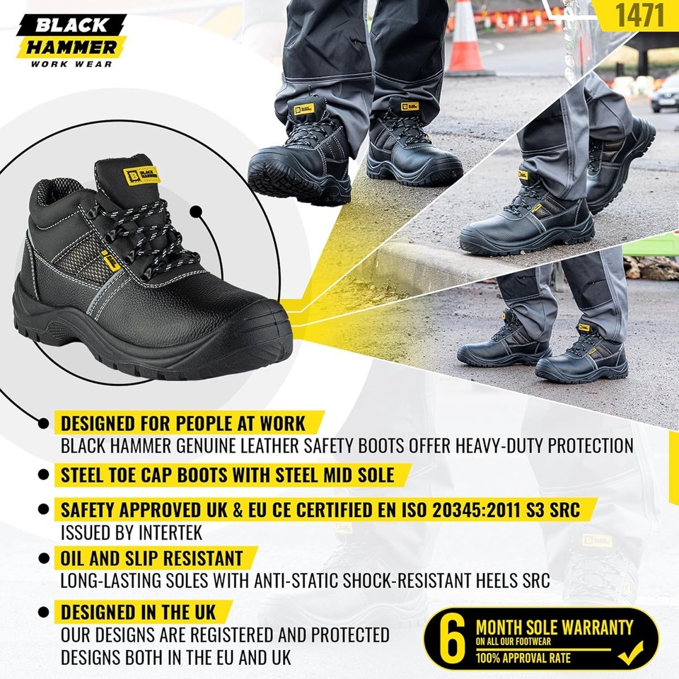 Black Hammer Safety Boots Steel Toe Cap Mens Oil & Slip Resistant S3 ...