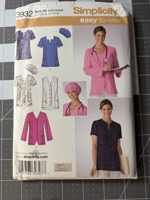 Simplicity 'Easy To Sew' Scrub Tops and Hat Pattern #3932 Size 10-18 ...