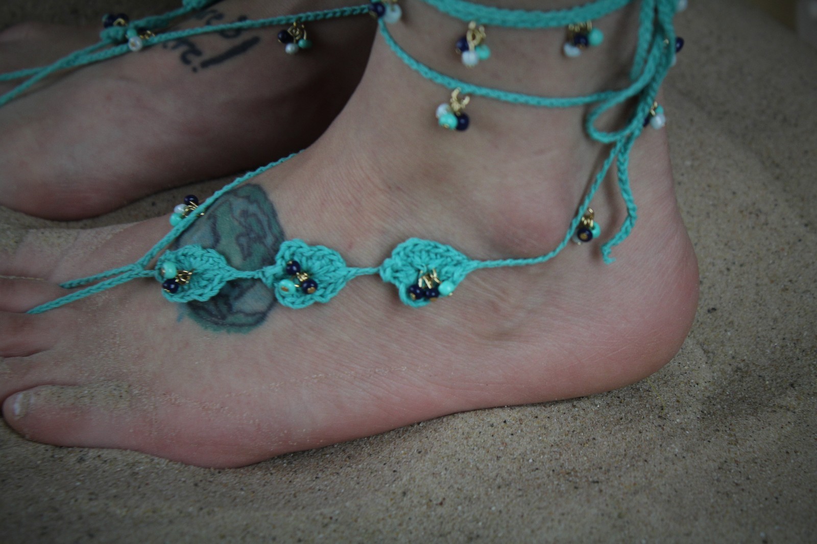 Crochet Gold Beaded Barefoot Sandals Foot Chains Anklet Toe Ring- TQ or ...