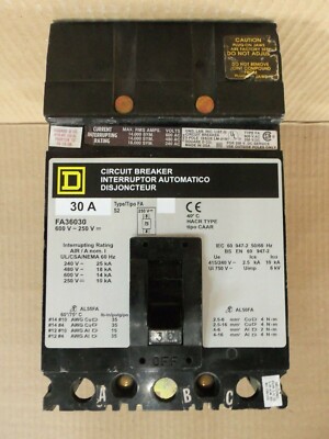 Square D FA FA36030 3 Pole 30 Amp 600V Relabeled Gray I-Line Circuit ...