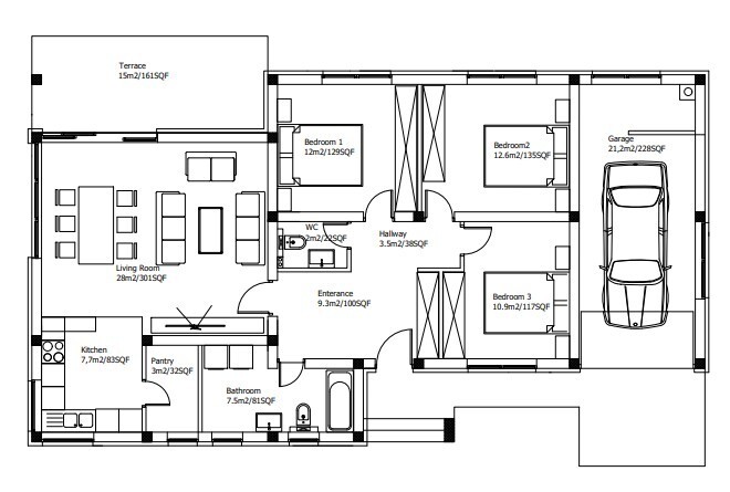 Modern Single Floor House Plans 1267SQF/117.70m2 3-Bed 2-Bath House ...