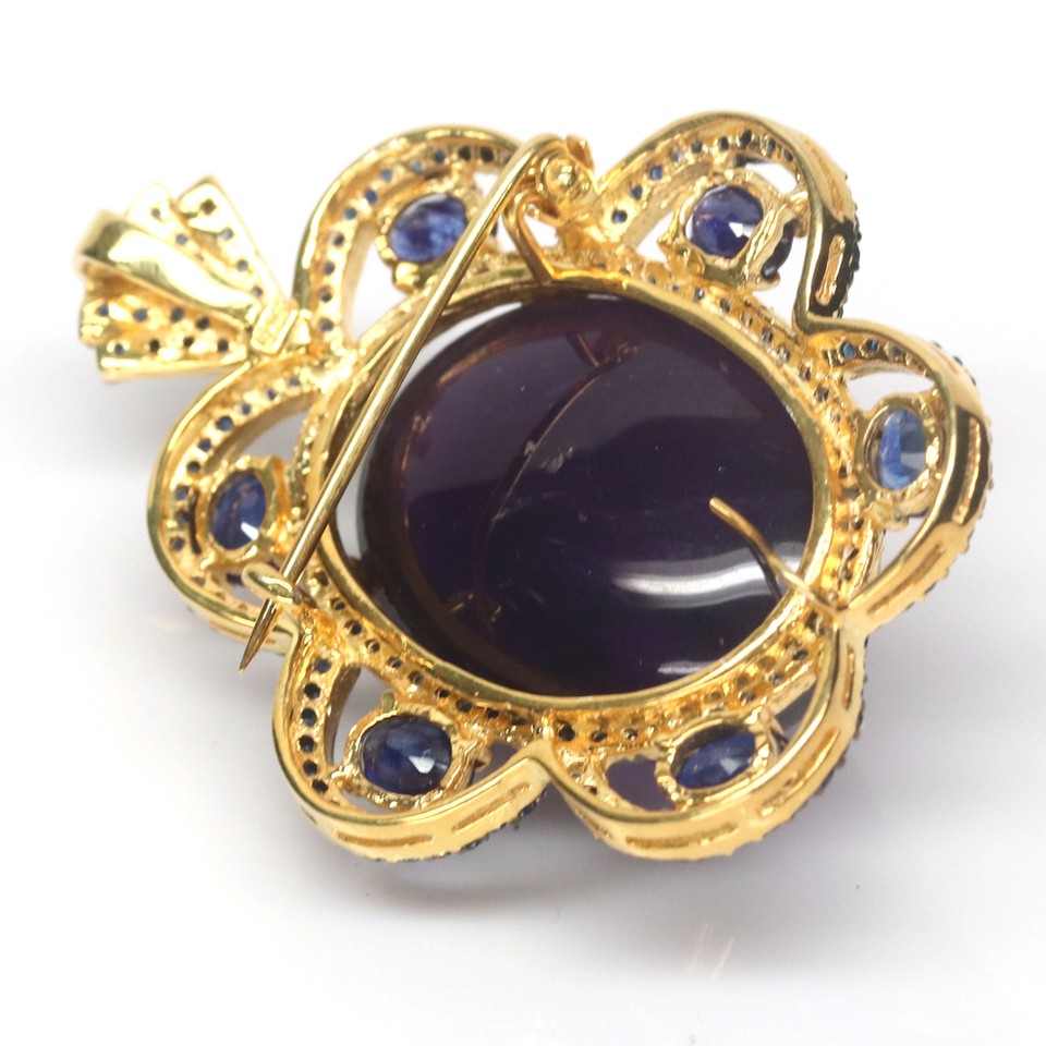 24 X 34 mm. Purple Amethyst & Blue Sapphire Brooch Silver 925 Sterling ...