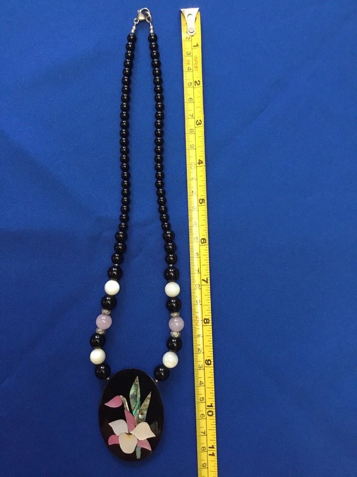 Lee Sands Abalone MOP Inlay Necklace MOP Rose Quartz Faux Black Onyx ...