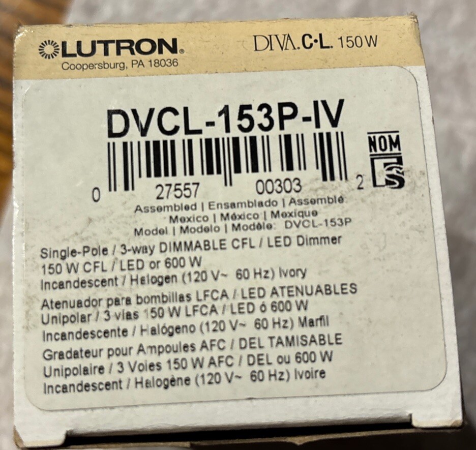 Lutron Diva DVCL-153P-IV LED 150W Incandescent/Halogen 600 Dimmer IVORY ...