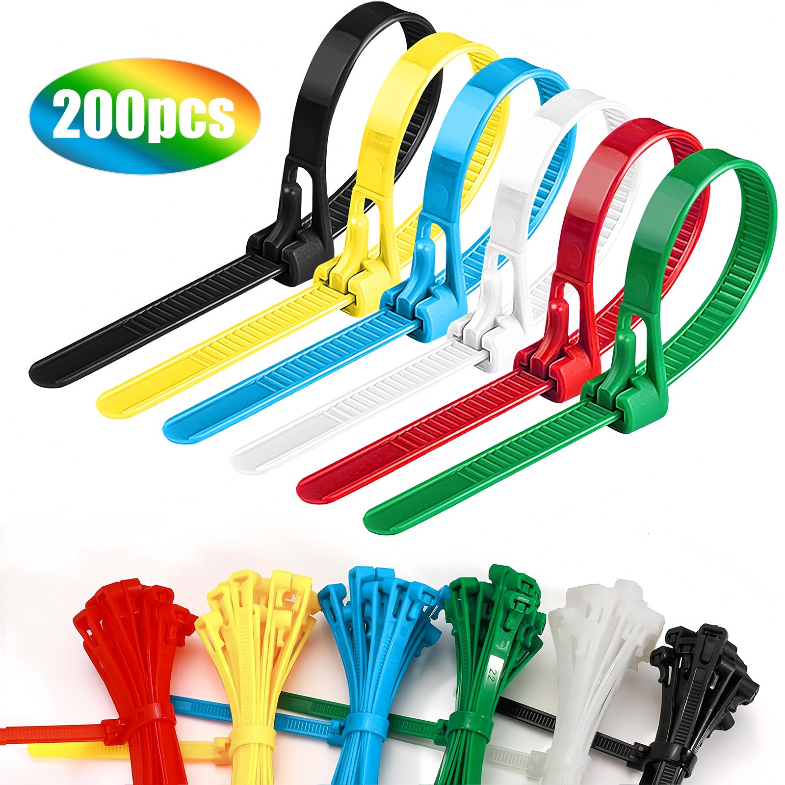 200PCS Reusable Cable Zip Tie Brackets Color-Coded Self-Locking Plastic ...