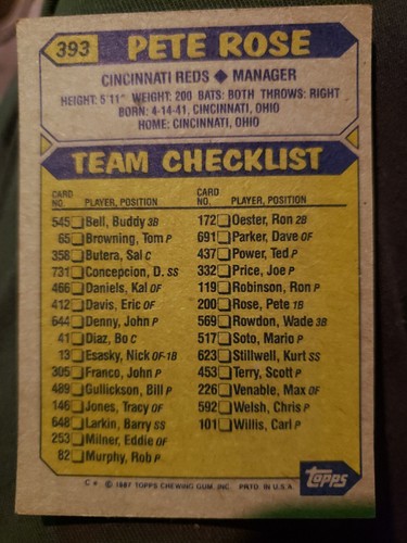 1987 Topps Pete Rose Cincinnati Reds #393 Baseball Card RARE Manager ...