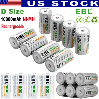 EBL D Cell Size NIMH Rechargeable Batteries 1000OmAh 1.2V Battery +Case ...