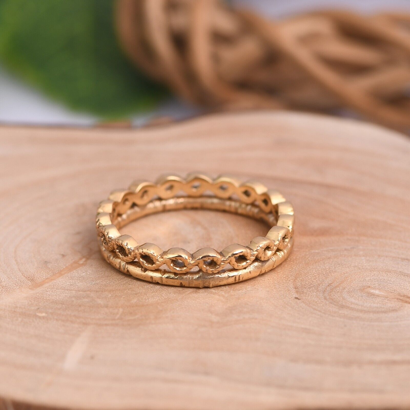 Dainty Infinity Ring, Double Hammered Band Ring Yellow Gold Plated Gift ...