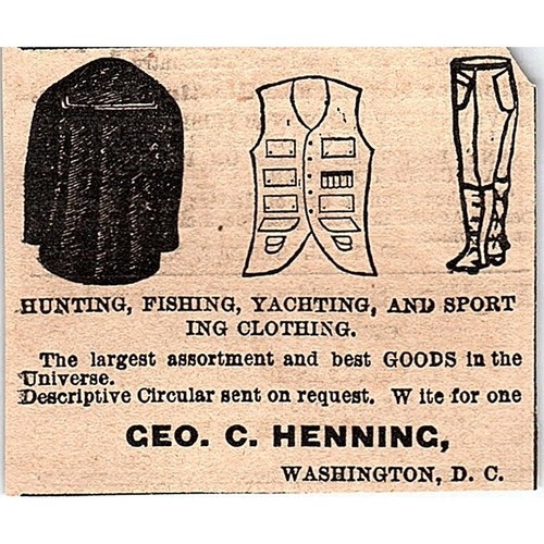Geo. C. Henning Hunting Fishing Sport Clothing Washington DC 1878 Ad ...