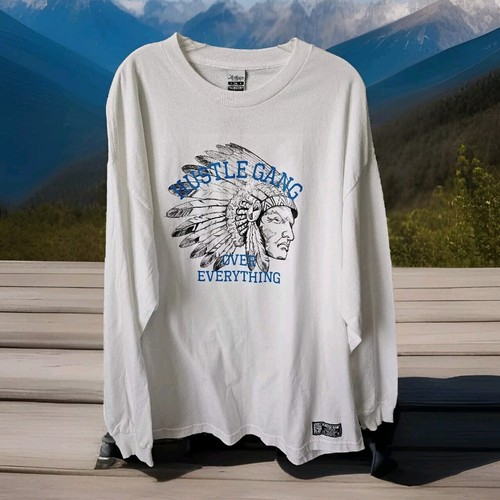 Hustle Gang Indian Head Cotton T Shirt Mens Size 3XL White Long Sleeve ...