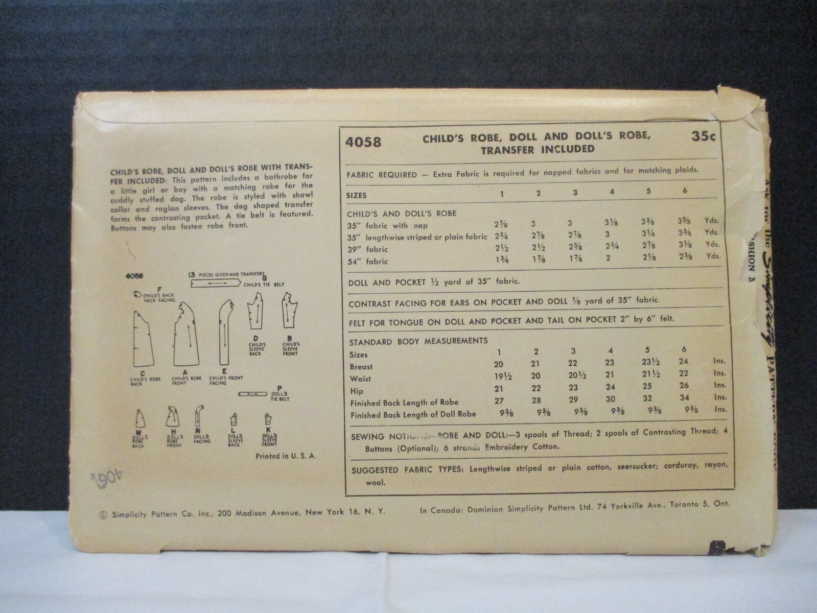 Simplicity Pattern 4058 Child Size 6 Robe Doll Doll's Robe w/Transfer ...