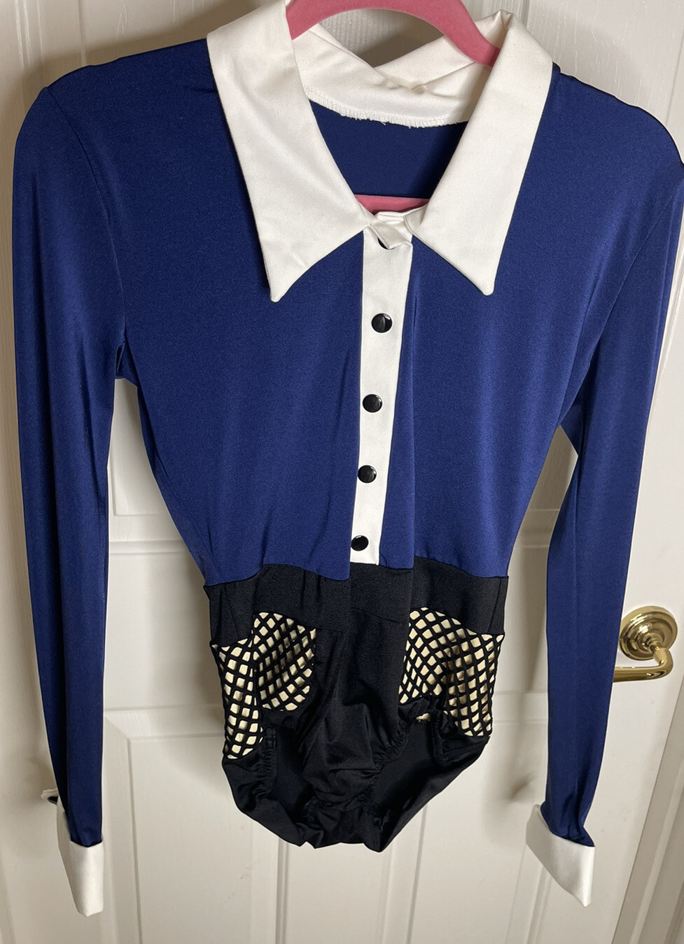 Kelle Blue Long Sleeve Button Up Collared Leotard Dance Costume Adult Size Small | eBay