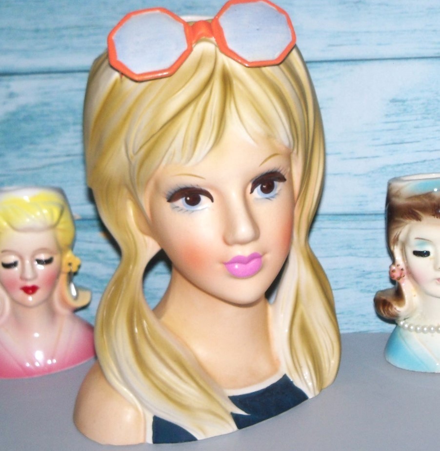 EHTF UBER RARE GLASSES LEGO XLG 7.5" BLONDE HEAD VASE LADY HEAD VASE ...