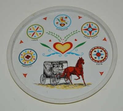 Vintage AMISH Horse Buggy Metal Serving Tray Distelfink Love Good Luck ...
