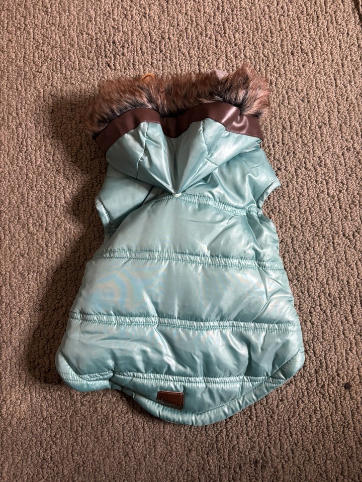 Pup Crew Dog Jacket / Vest w/Hood & Faux Fur Trim,Fleece Lined, TEAL ...