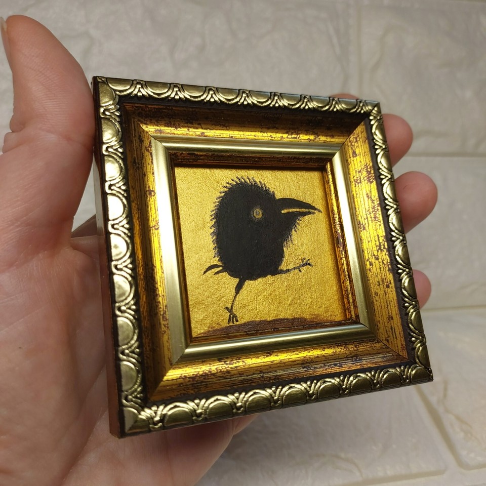 Crow Painting Bird Oil Painting Running Raven Wall Art Golden Painting ...