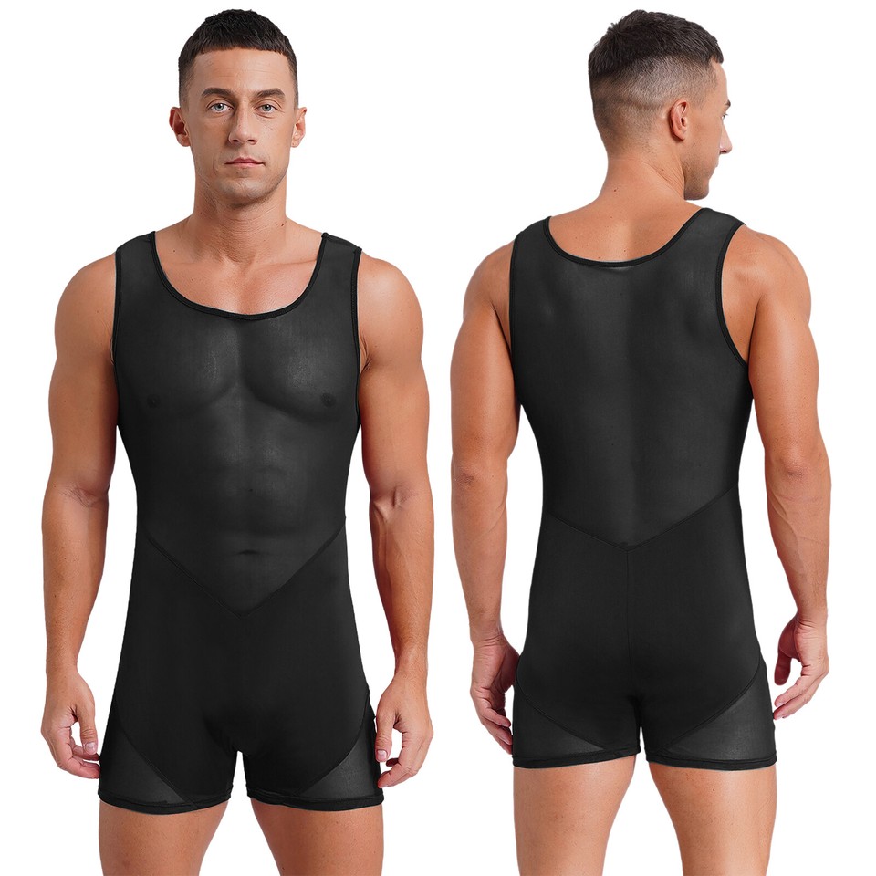 Mens Sheer Mesh Bodysuit Sleeveless Sports Jumpsuit Wrestling Singlet ...