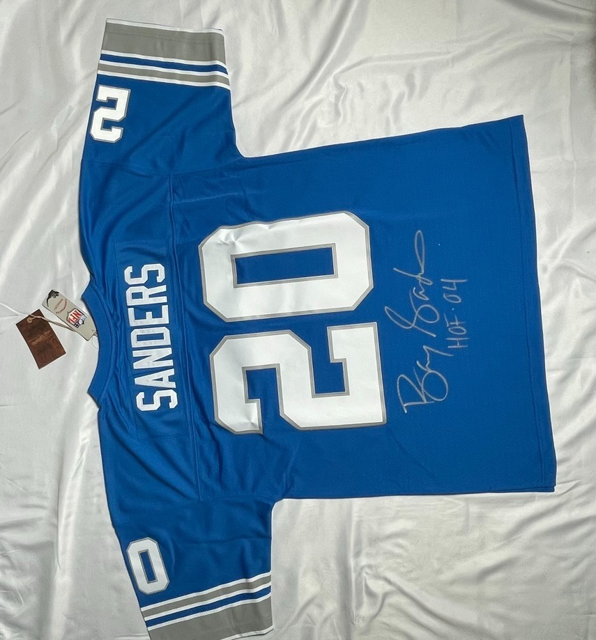 Barry Sanders Signed Lions Blue 1996 T/B M&N NFL Legacy Football Jersey ...