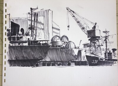Original Vintage Drawing by R.G. Smith~Ca. 1950 Boats, Harbor (#2) | eBay
