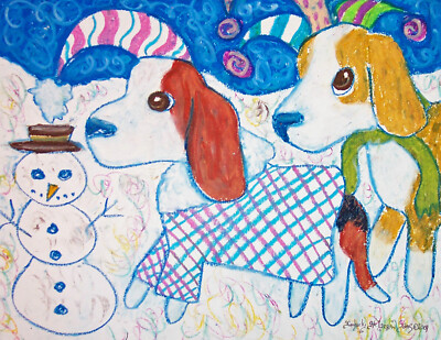 Beagle with Snowman Collectible ACEO Dog Art Print 2.5 x 3.5 Signed ...